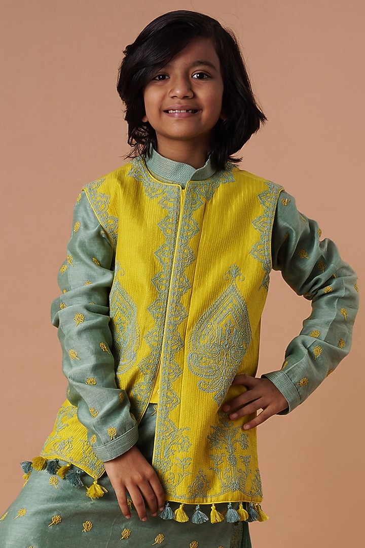 Yellow & Moss Green Embroidered Bundi Jacket With Kurta Set For Boys by ...