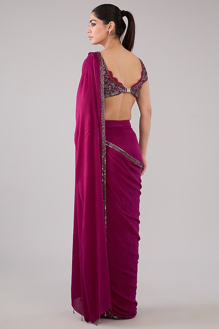Wine Wrinkled Chiffon & Crepe Pre-Draped Saree Set by RAASA at Pernia's ...