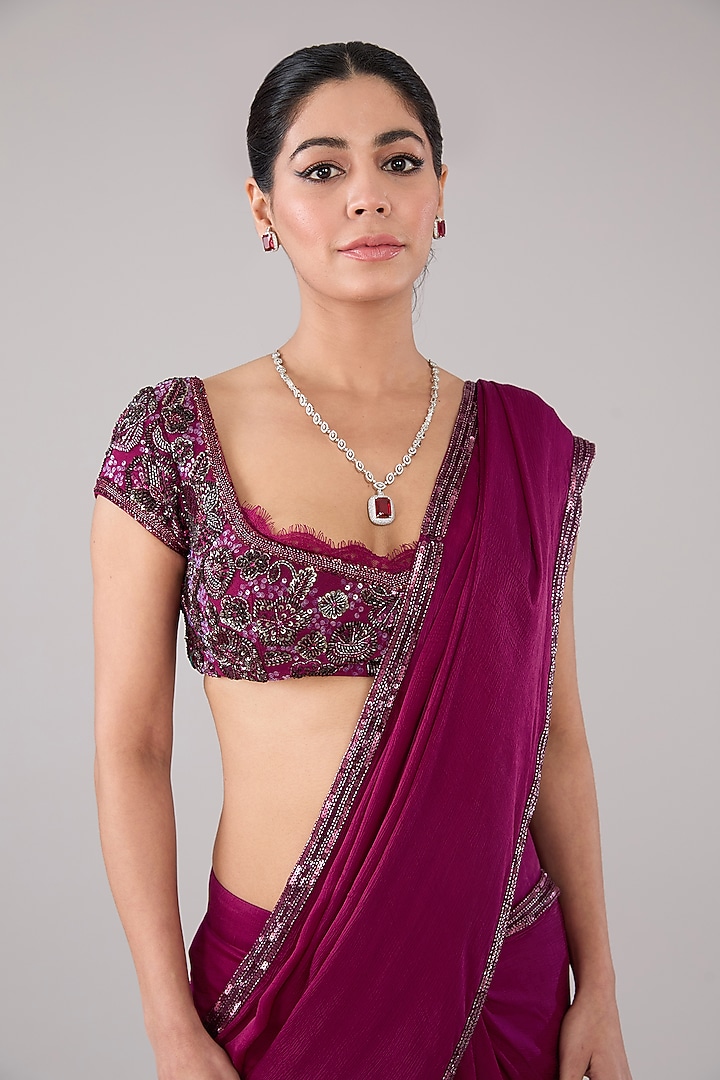Wine Wrinkled Chiffon & Crepe Pre-Draped Saree Set by RAASA at Pernia's ...