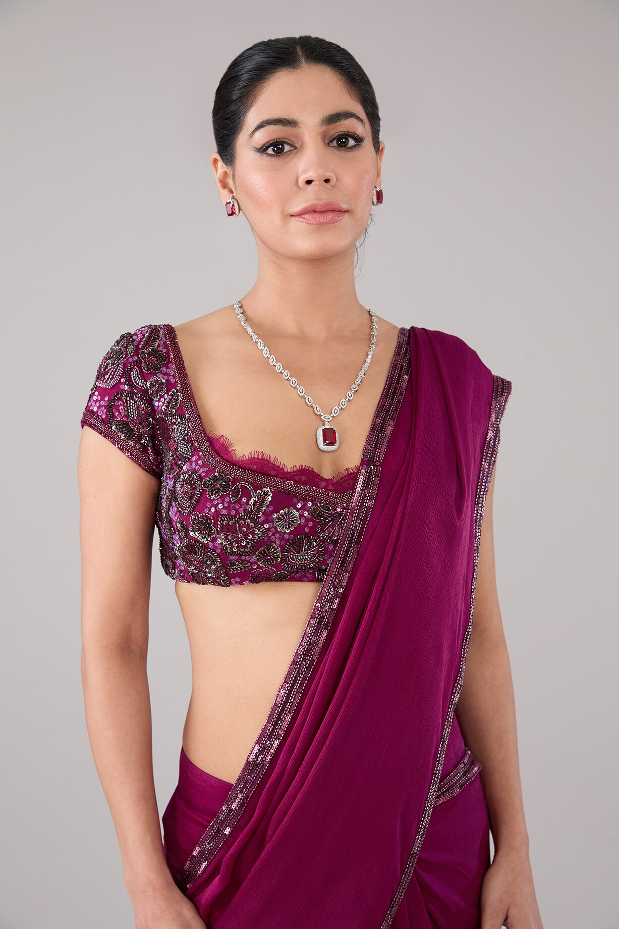 Wine Wrinkled Chiffon & Crepe Pre-Draped Saree Set by RAASA at Pernia's ...