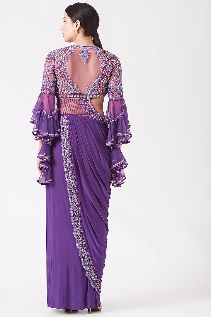 Purple Embellished Pre-Stitched Gown Saree Set by Reeti Arneja at ...