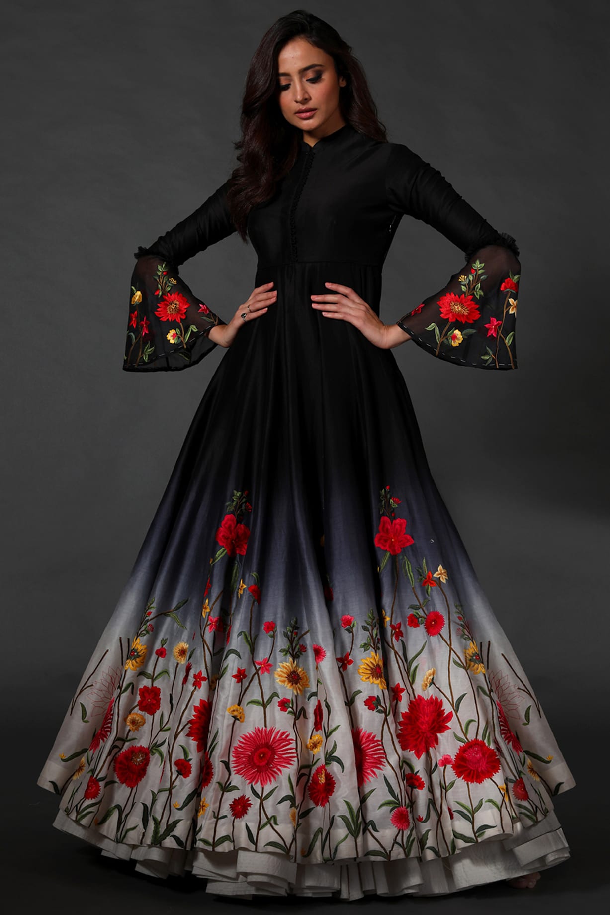 Black Ombre Machine Embroidered Anarkali Set by Rohit Bal at Pernia's ...
