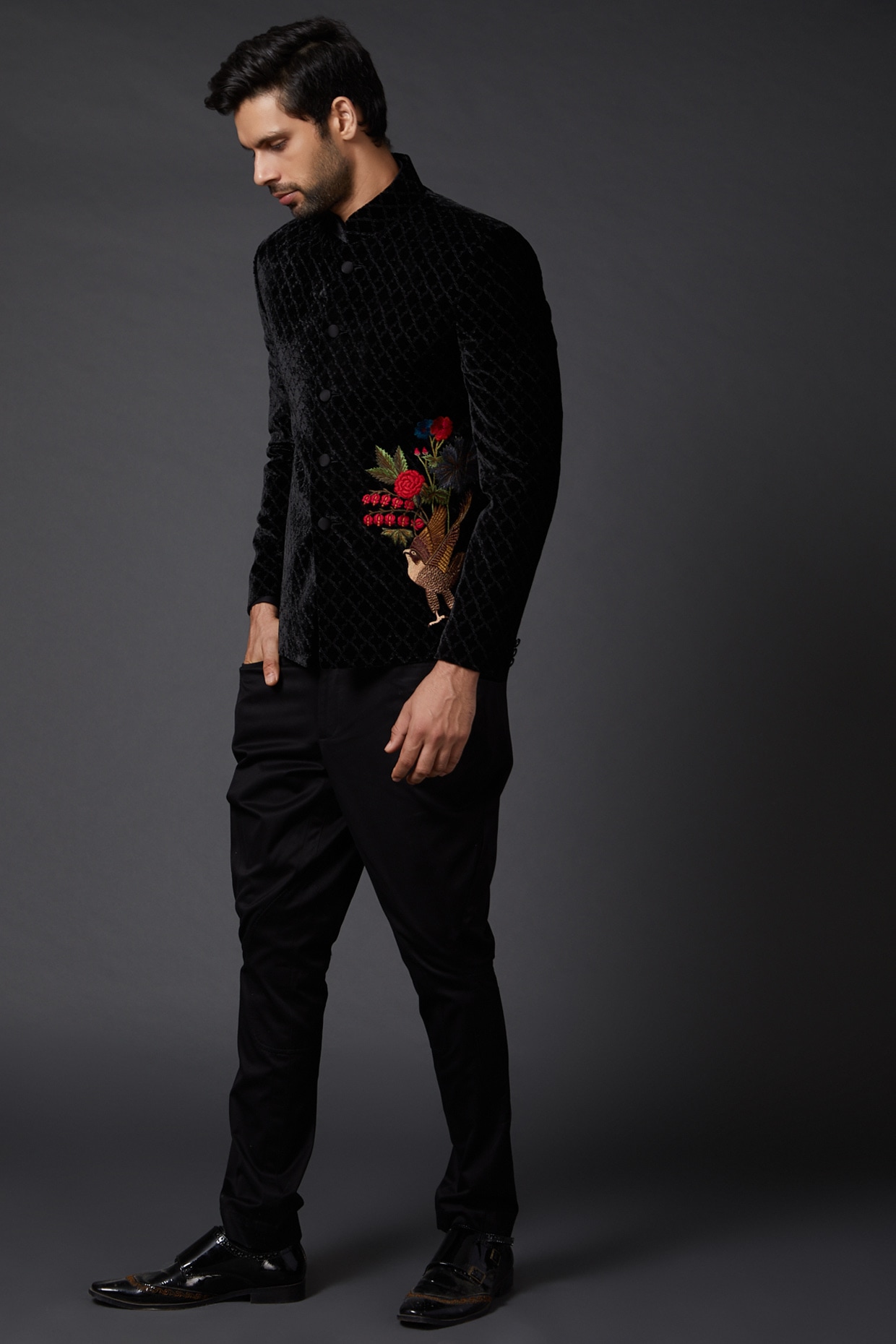 Black Silk Velvet Bandhgala by Rohit Bal Men at Pernia's Pop Up Shop 2025