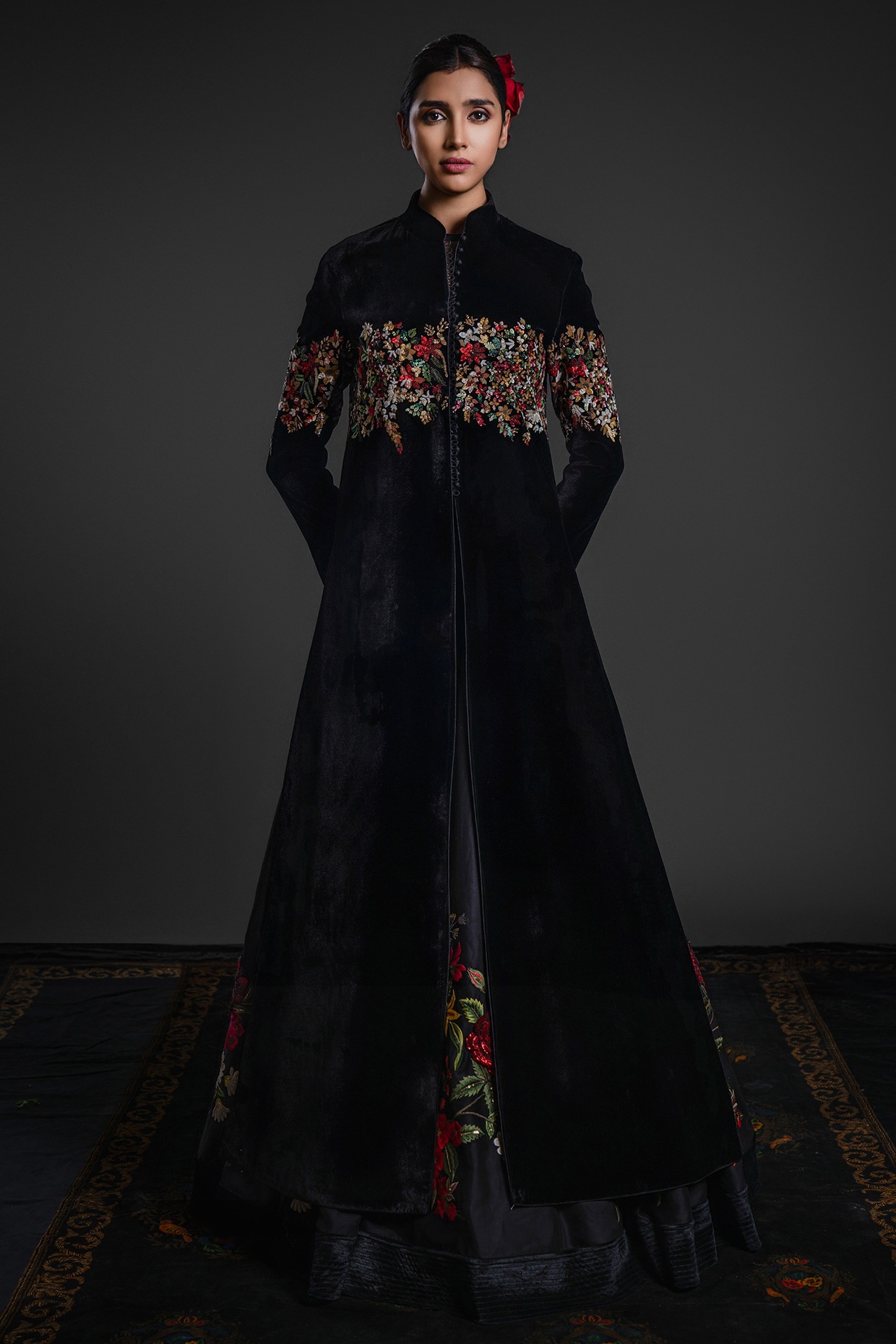 Black Velvet Printed & Embroidered Long Jacket by Rohit Bal at Pernia's ...