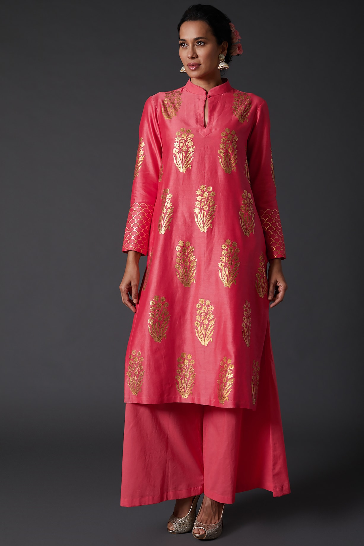 Coral Pink Block Printed Kurta Set by Balance by Rohit Bal at Pernia's ...