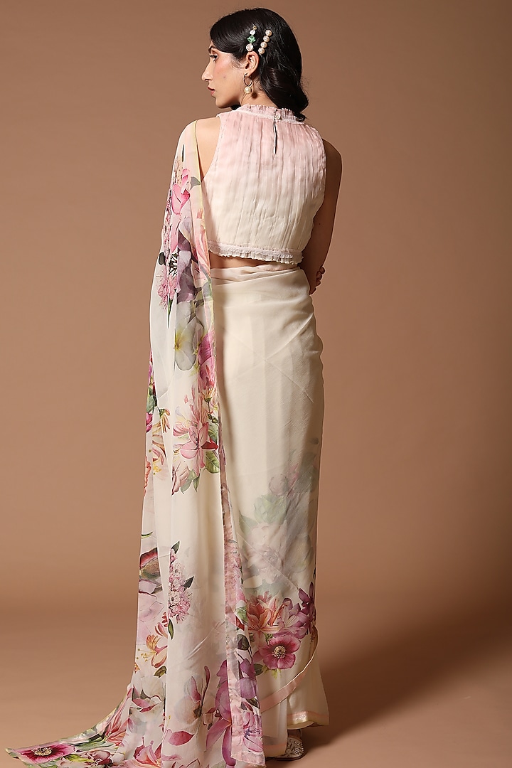 Ivory Chiffon Floral Printed Saree Set by Rohit Bal at Pernia's Pop Up ...