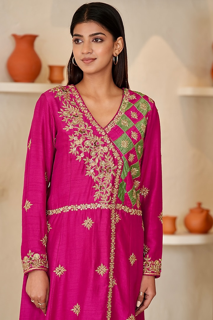Fuchsia Pink Dupion Silk Zardosi Embroidered Angrakha Kurta Set Design by Rabnoor K Sethi at ...
