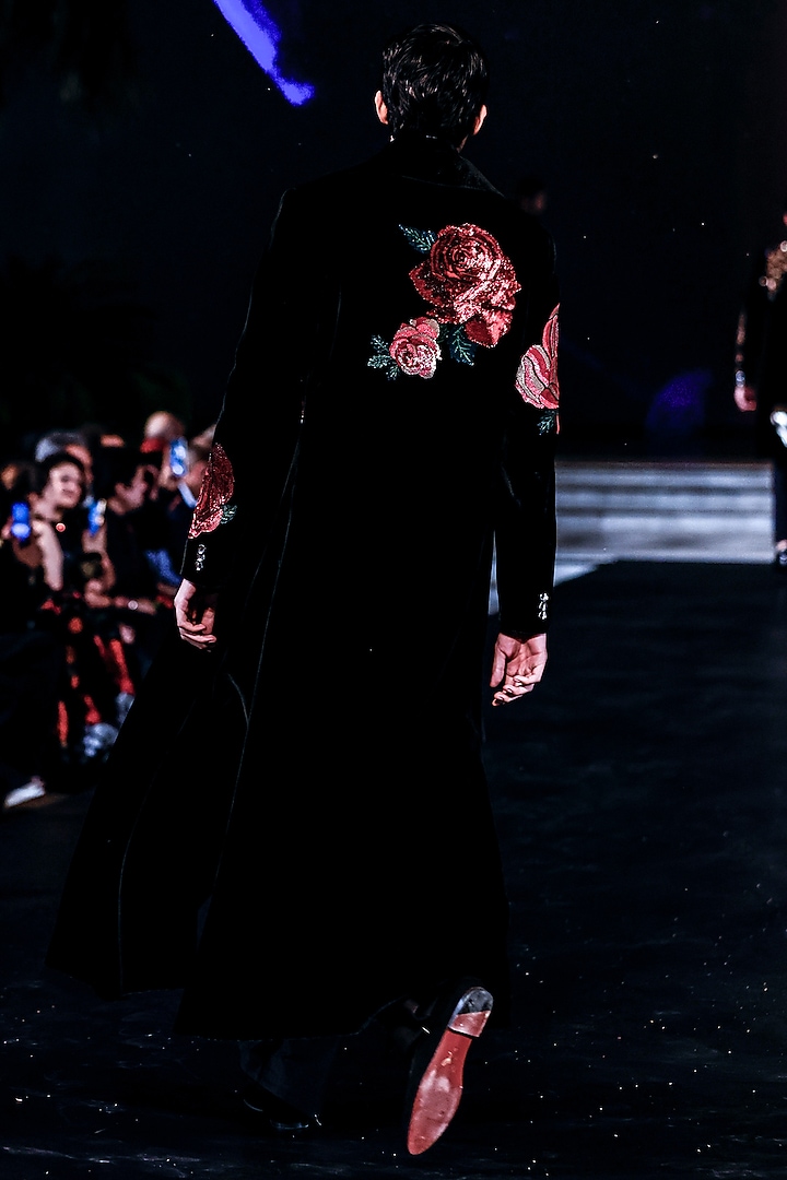 Black Silk Velvet Embroidered Groom Sherwani by Rohit Bal Men at Pernia ...