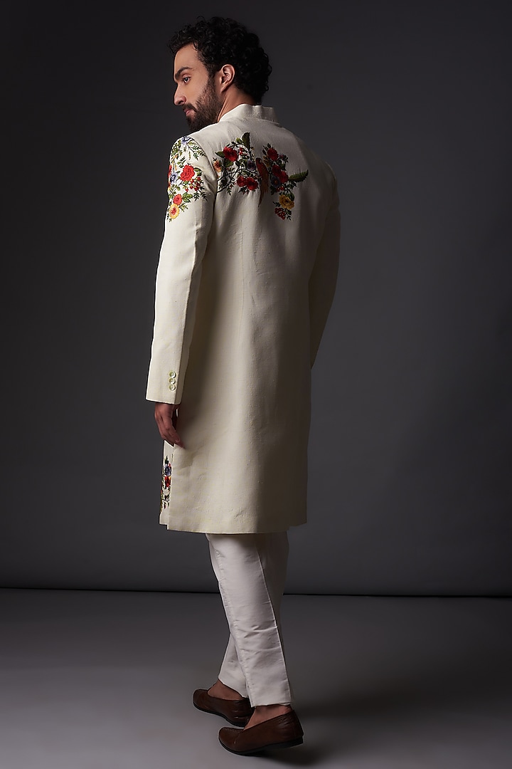 Ivory Matka Silk Floral Embroidered Groom Sherwani by Rohit Bal Men at ...