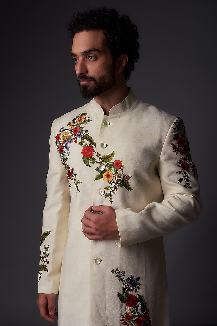 Ivory Matka Silk Floral Embroidered Groom Sherwani by Rohit Bal Men at ...