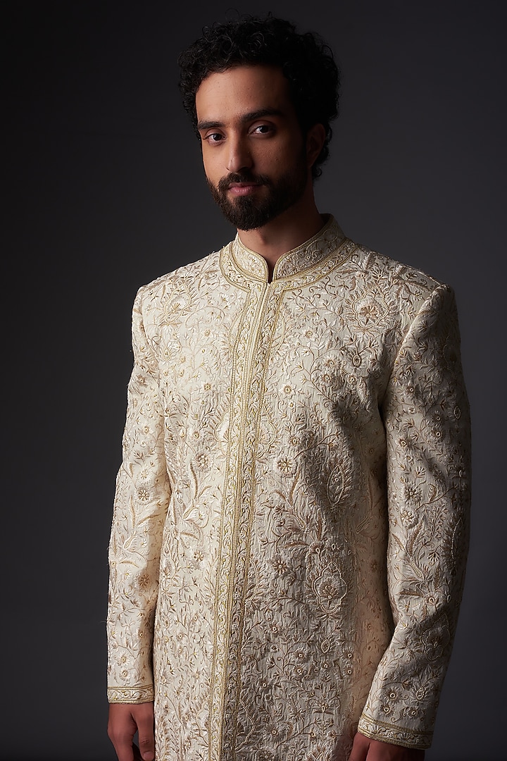 Buy Rohit Bal Men Ivory Matka Silk Gold Zari Embroidered Sherwani at ...