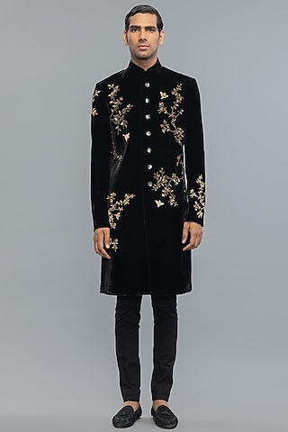 Black Velvet Embroidered Groom Sherwani by Rohit Bal Men at Pernia's ...