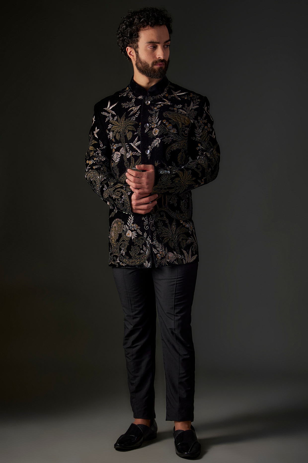 Black Silk Velvet Hand & Machine Embroidered Bandhgala by Rohit Bal Men ...