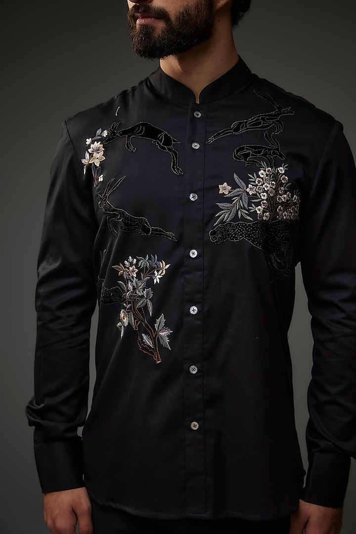 Black Poplin Thread Embroidered Shirt by Rohit Bal Men at Pernia's Pop ...