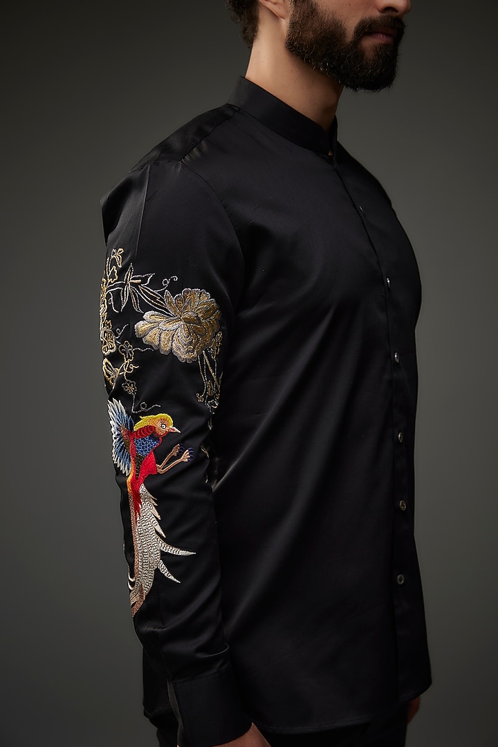 Black Poplin Thread Embroidered Shirt by Rohit Bal Men at Pernia's Pop ...