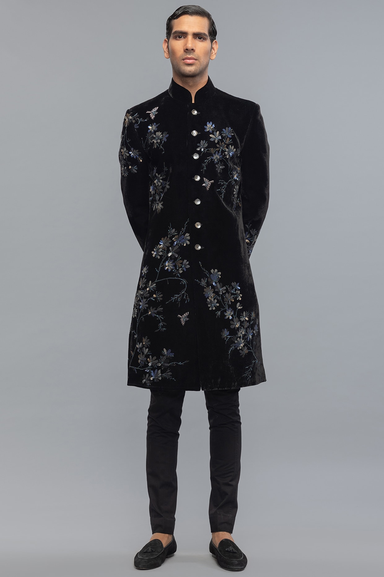 Black Velvet Embroidered Groom Sherwani by Rohit Bal Men at Pernia's ...