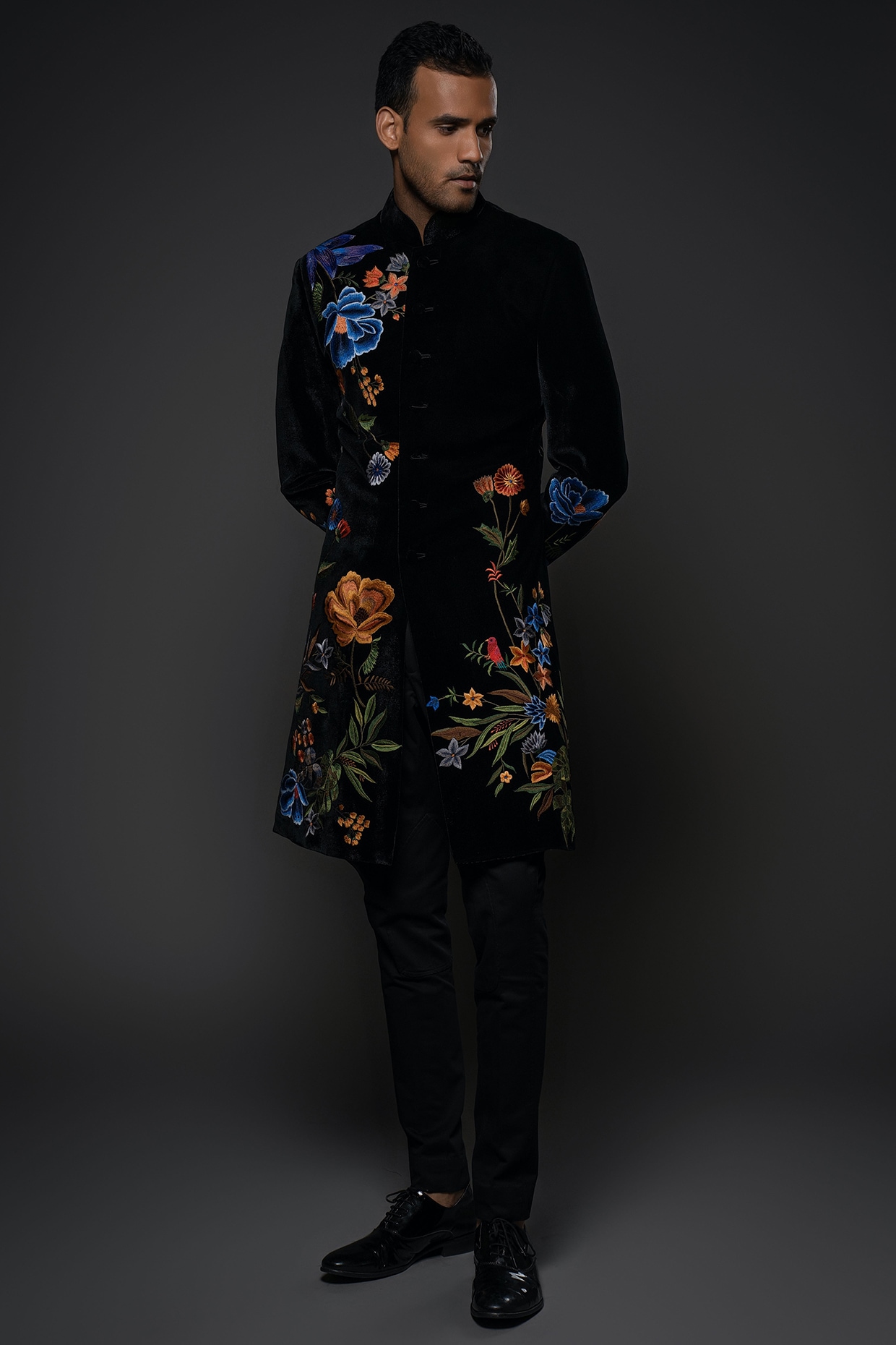 Black Velvet Floral & Thread Hand Embroidered Groom Sherwani by Rohit ...