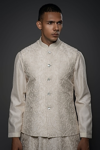 Ivory Chanderi Silk Resham Hand Embroidered Bundi Jacket Set by Rohit ...
