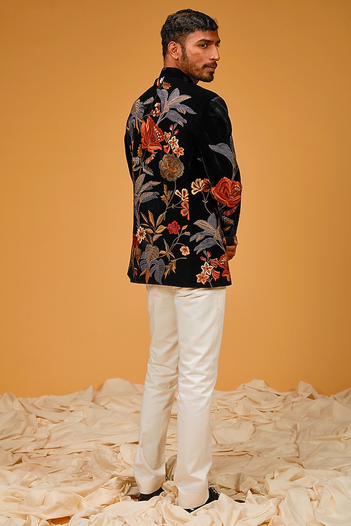 Black Silk Velvet Resham & Floral Hand Embroidered Bandhgala Jacket by ...