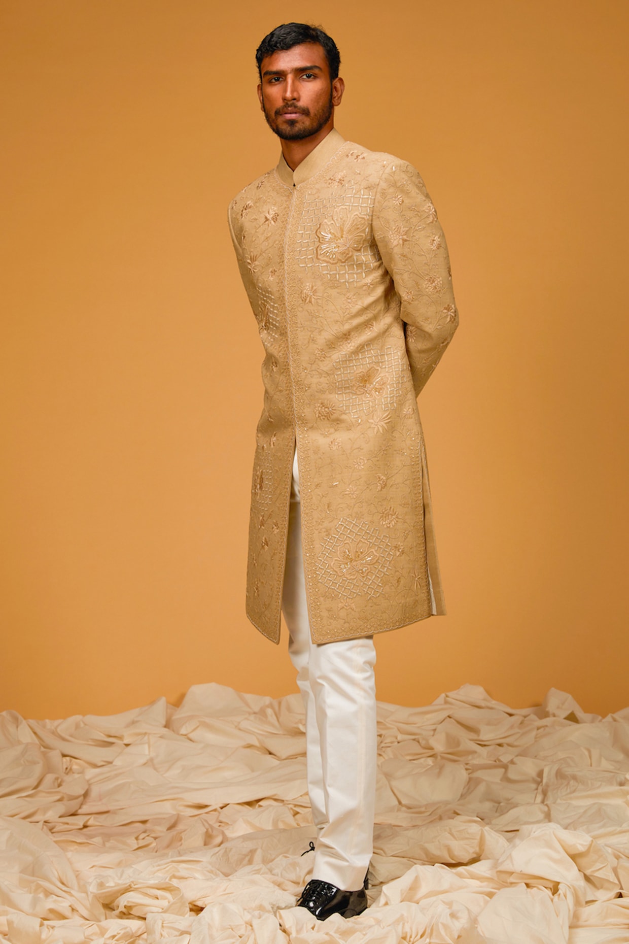 Gold Matka Silk Floral Embroidered Groom Sherwani by Rohit Bal Men at ...