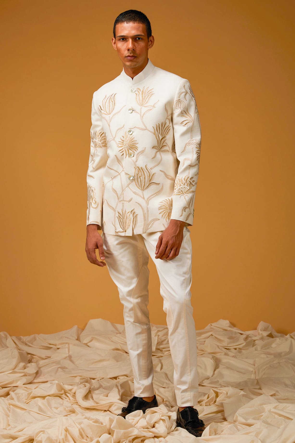 Ivory Matka Silk Floral Embroidered Bandhgala Jacket by Rohit Bal Men ...