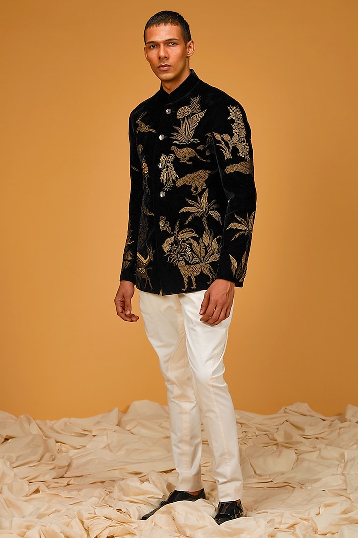 Black Velvet Embroidered Bandhgala Jacket by Rohit Bal Men at Pernia's ...