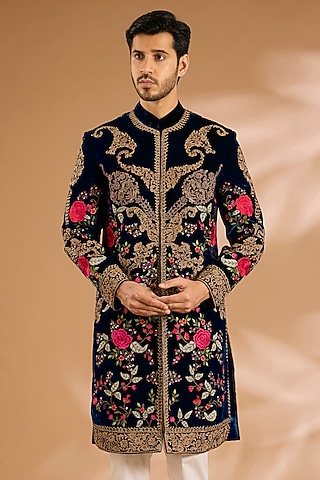 Navy Blue Velvet Groom Sherwani by Rohit Bal Men at Pernia's Pop Up ...