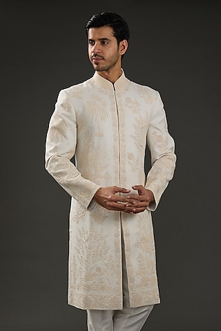 Ivory Chanderi Silk Hand Embroidered Groom Sherwani by Rohit Bal Men at ...