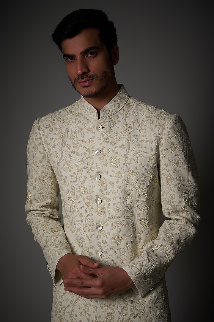 Buy Rohit Bal Men Ivory Matka Silk Pearl Hand Embroidered Sherwani at ...