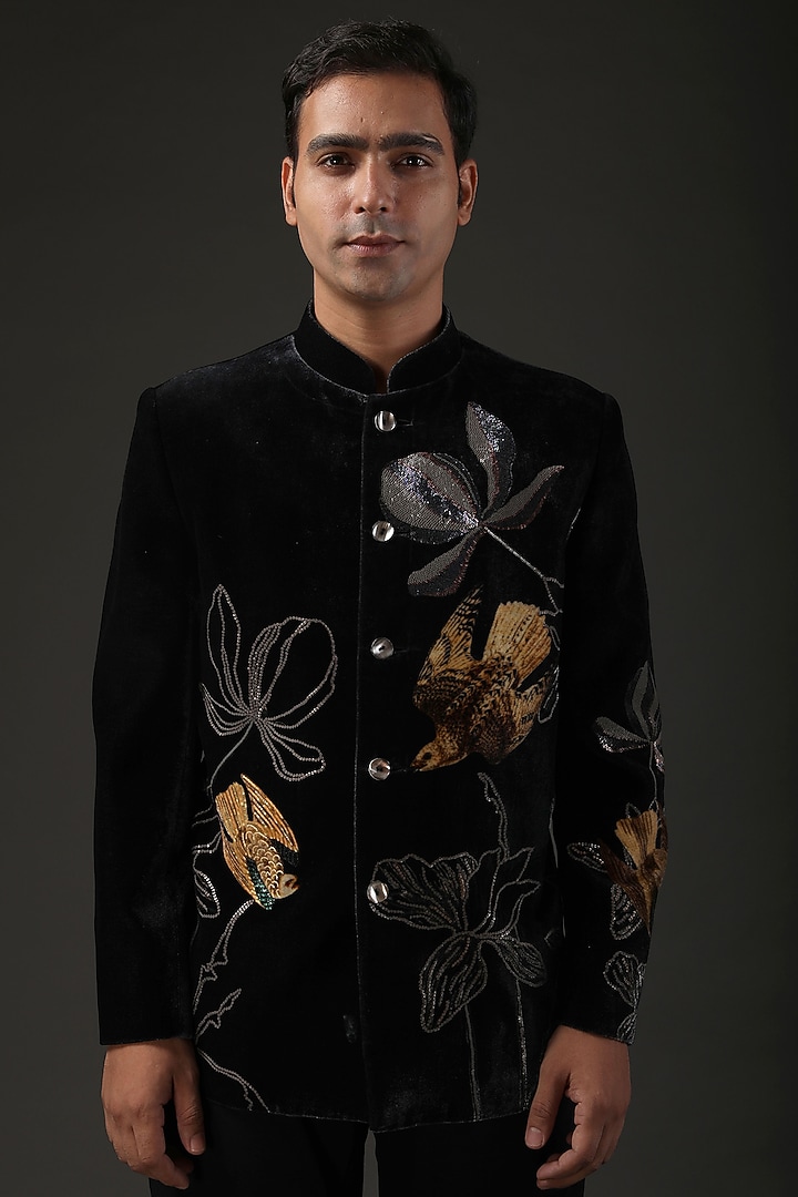 Black Printed Bandhgala Jacket by Rohit Bal Men at Pernia's Pop Up Shop ...