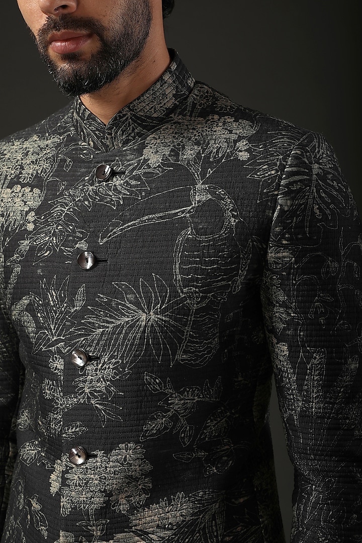 Black Chanderi Printed Bandhgala Jacket by Rohit Bal Men at Pernia's ...