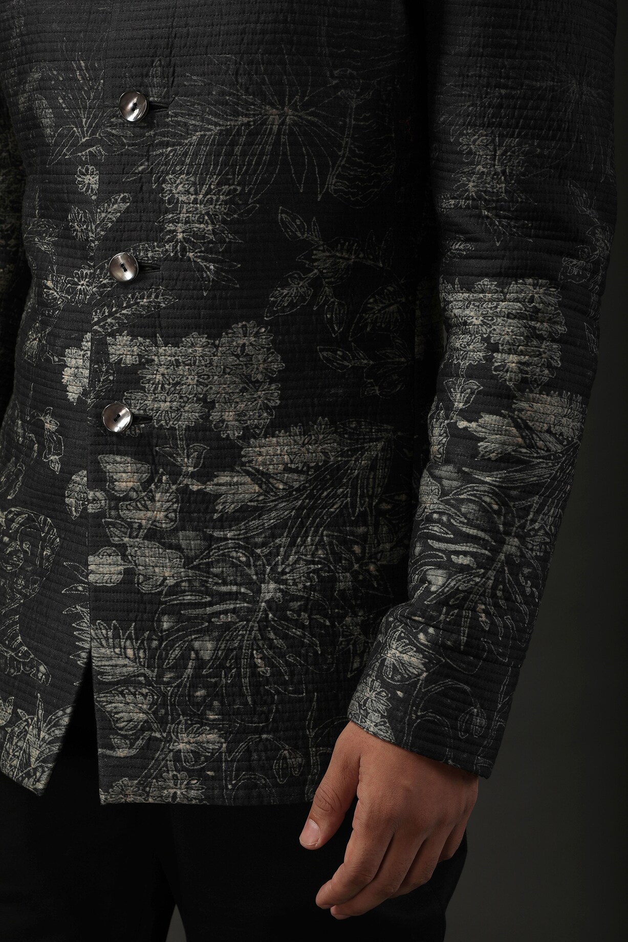 Black Silk Printed Bandhgala Jacket by Rohit Bal Men at Pernia's Pop Up ...