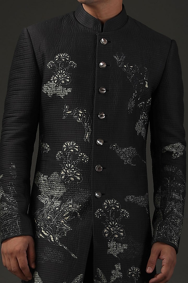 Black Silk Printed Groom Sherwani by Rohit Bal Men at Pernia's Pop Up ...