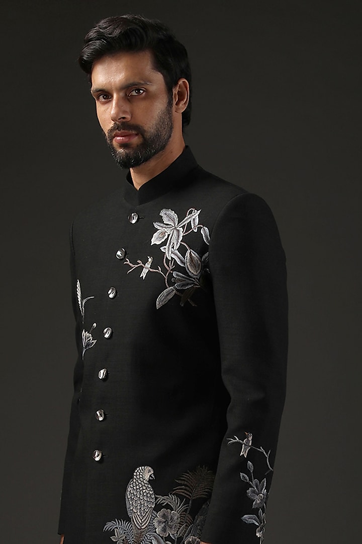 Buy Rohit Bal Men Black Silk Embroidered Sherwani at Pernia ...