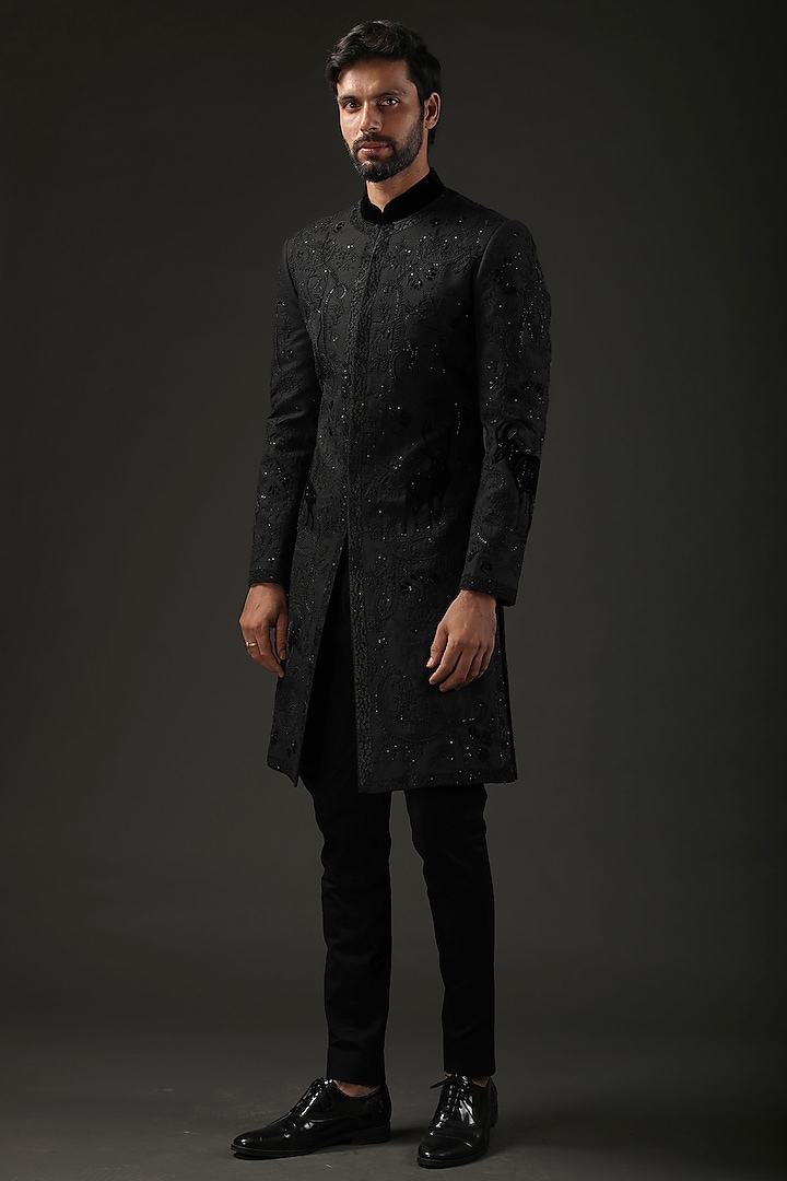 Black Matka Silk Embroidered Sherwani Design by Rohit Bal Men at Pernia ...