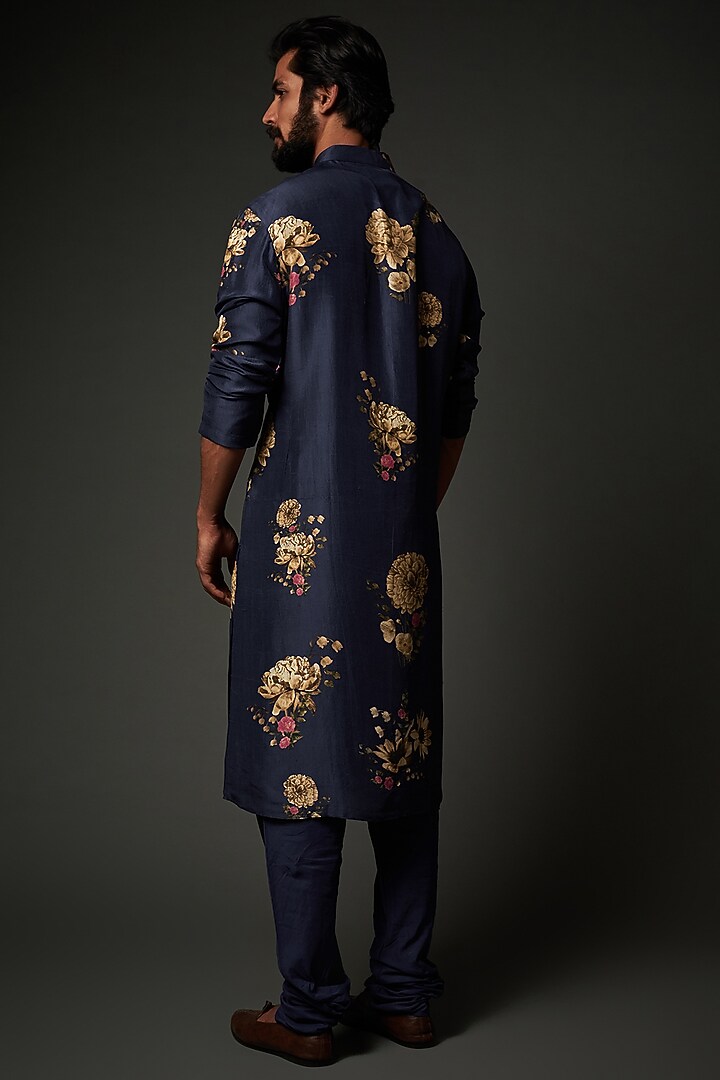 Indigo Blue Silk Digital Printed Kurta Set by Rohit Bal Men at Pernia's ...