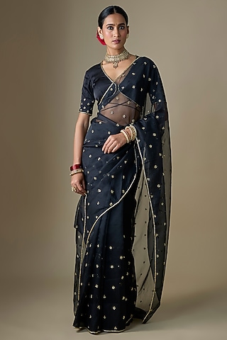 Black Pure Silk Organza Boota Hand Embroidered Wedding Saree Set by ...