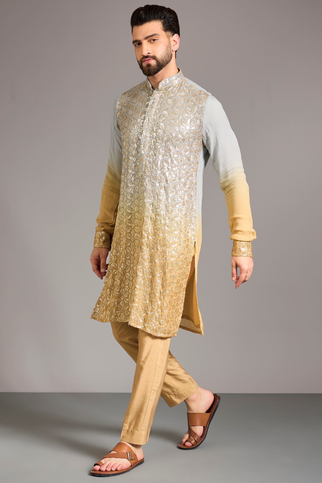 Golden & Grey Shaded Georgette Sequin Work Kurta Set by Rabani & Rakha Men at Pernia's Pop Up ...