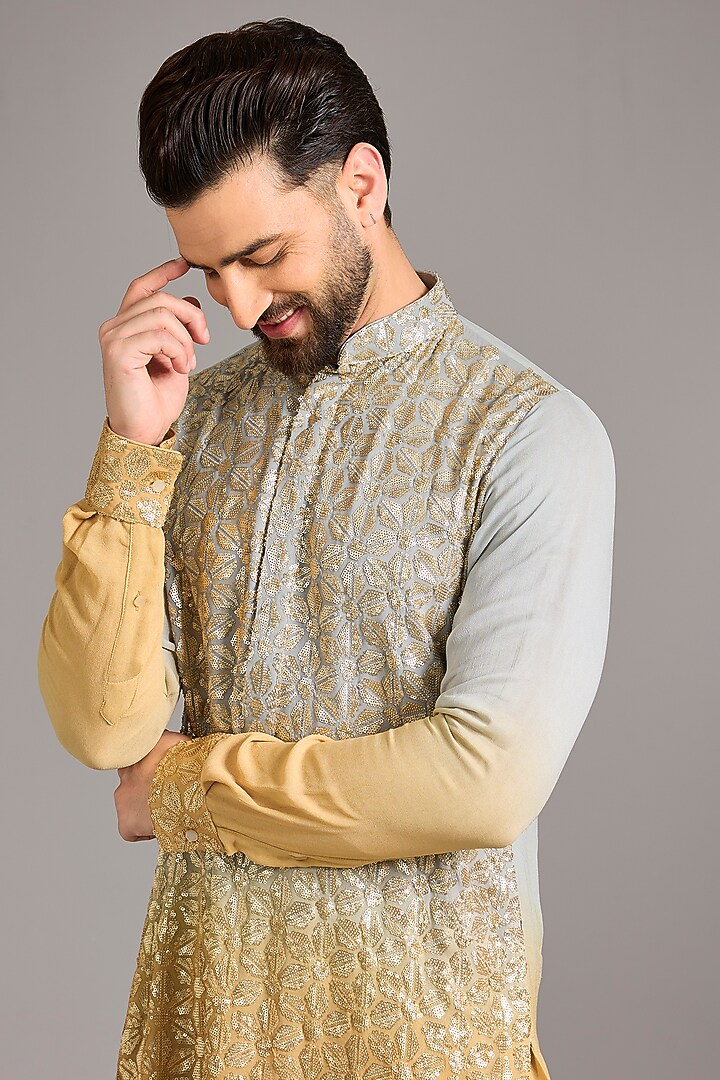 Golden & Grey Shaded Georgette Sequin Work Kurta Set by Rabani & Rakha Men at Pernia's Pop Up ...