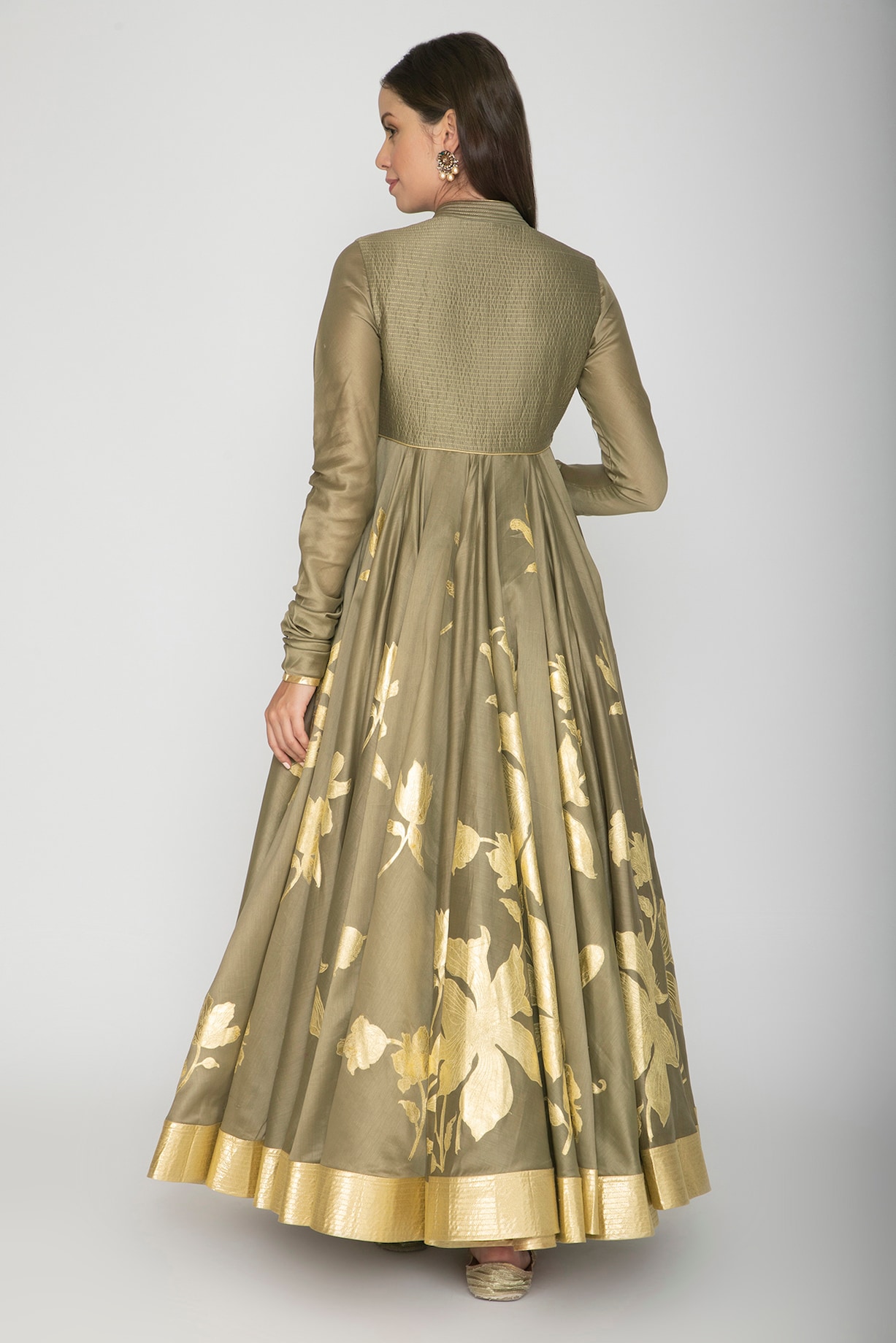Olive Green Foil Printed Anarkali With Dupatta by Rohit Bal at Pernia's ...