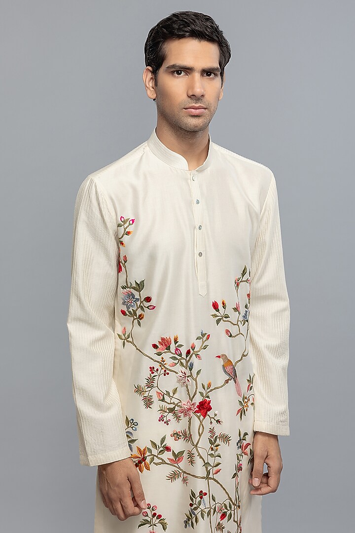 Ivory Chanderi Resham Embroidered Kurta Set by Rohit Bal Men at Pernia ...