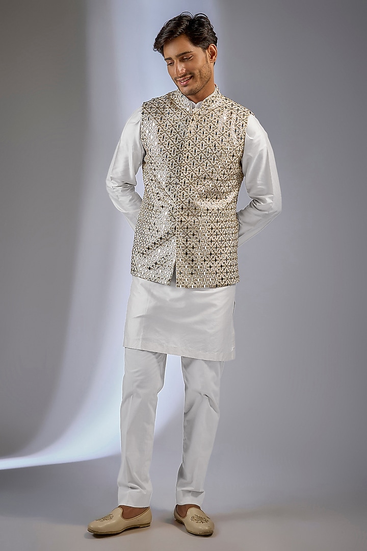 Ivory Georgette Sequin Work Bundi Jacket by Rabani & Rakha Men at Pernia's Pop Up Shop 2025