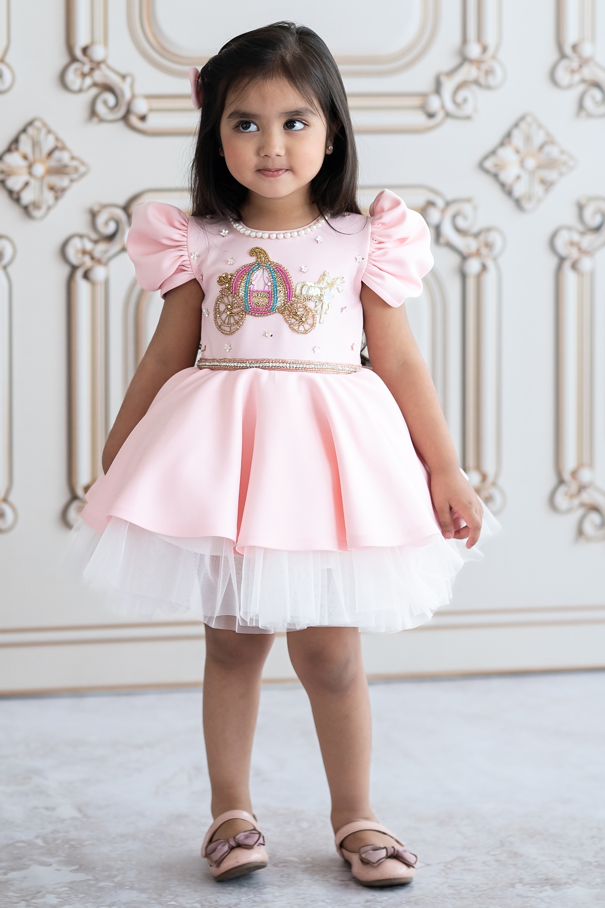 Peach Scuba & Neoprene Hand Embroidered Dress For Girls by ...