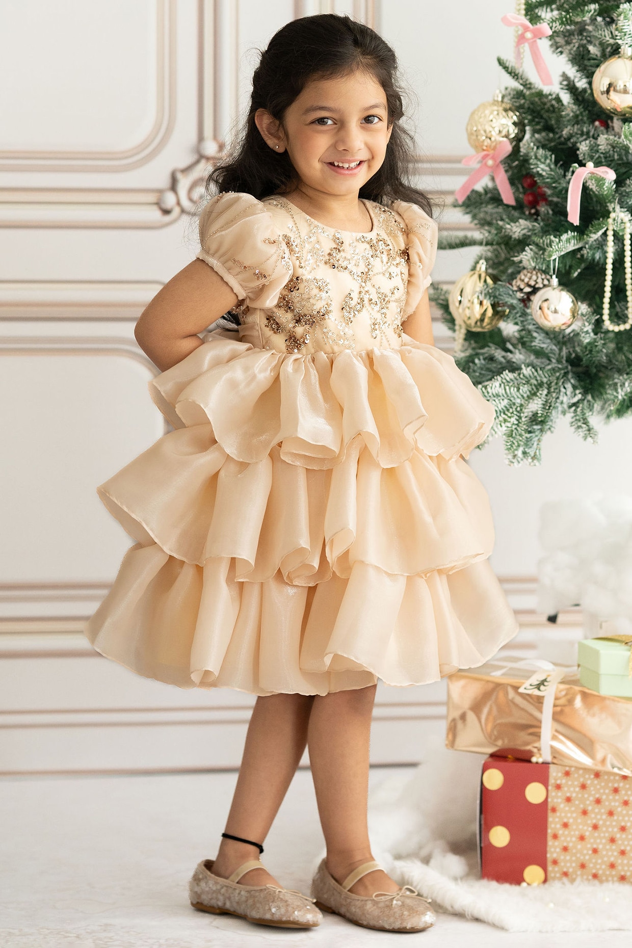 Gold Shimmer Organza Embroidered Tiered Dress For Girls by ...