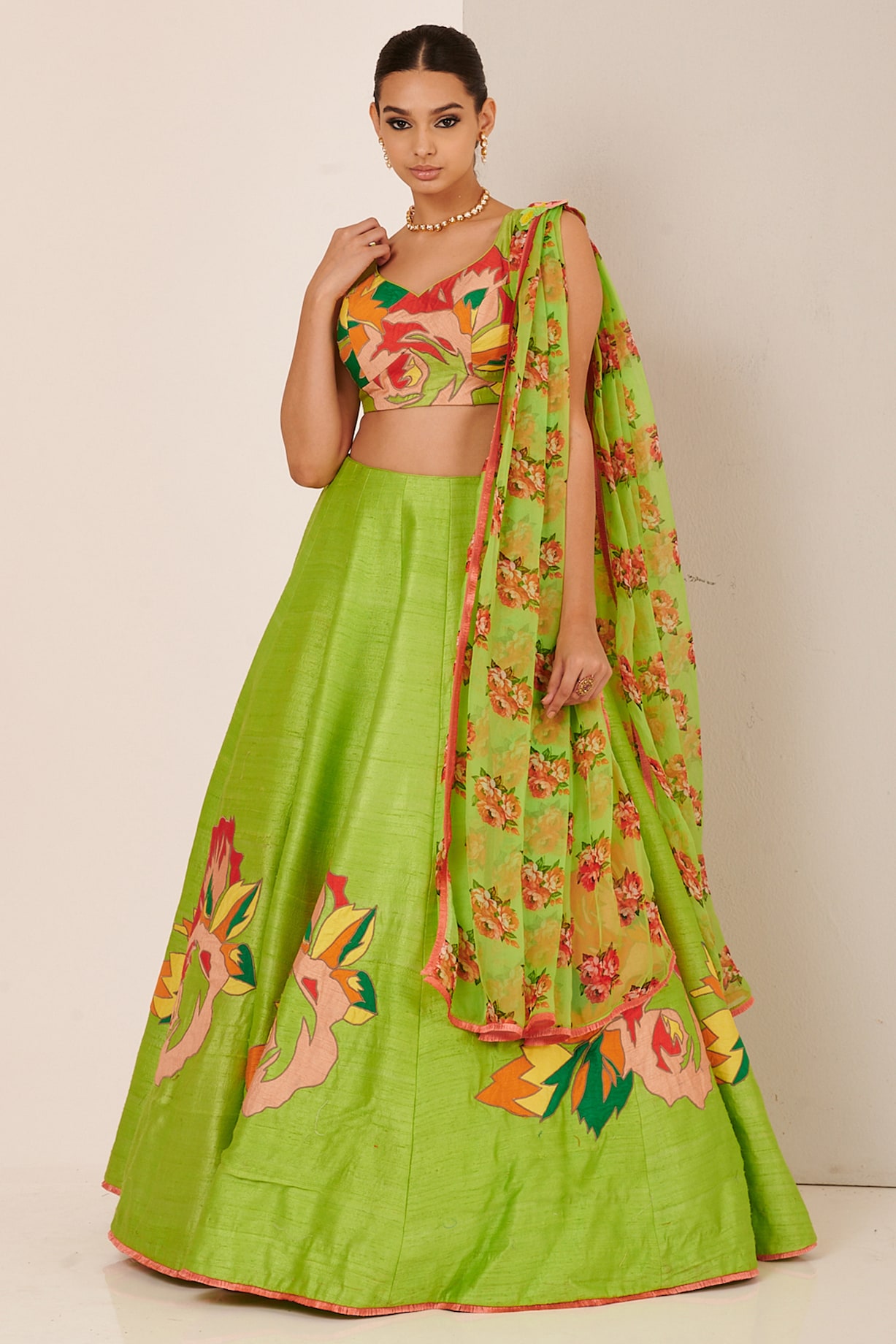 Lime Green Raw Silk Floral Patchwork Wedding Lehenga Set by RCKC AURUM ...