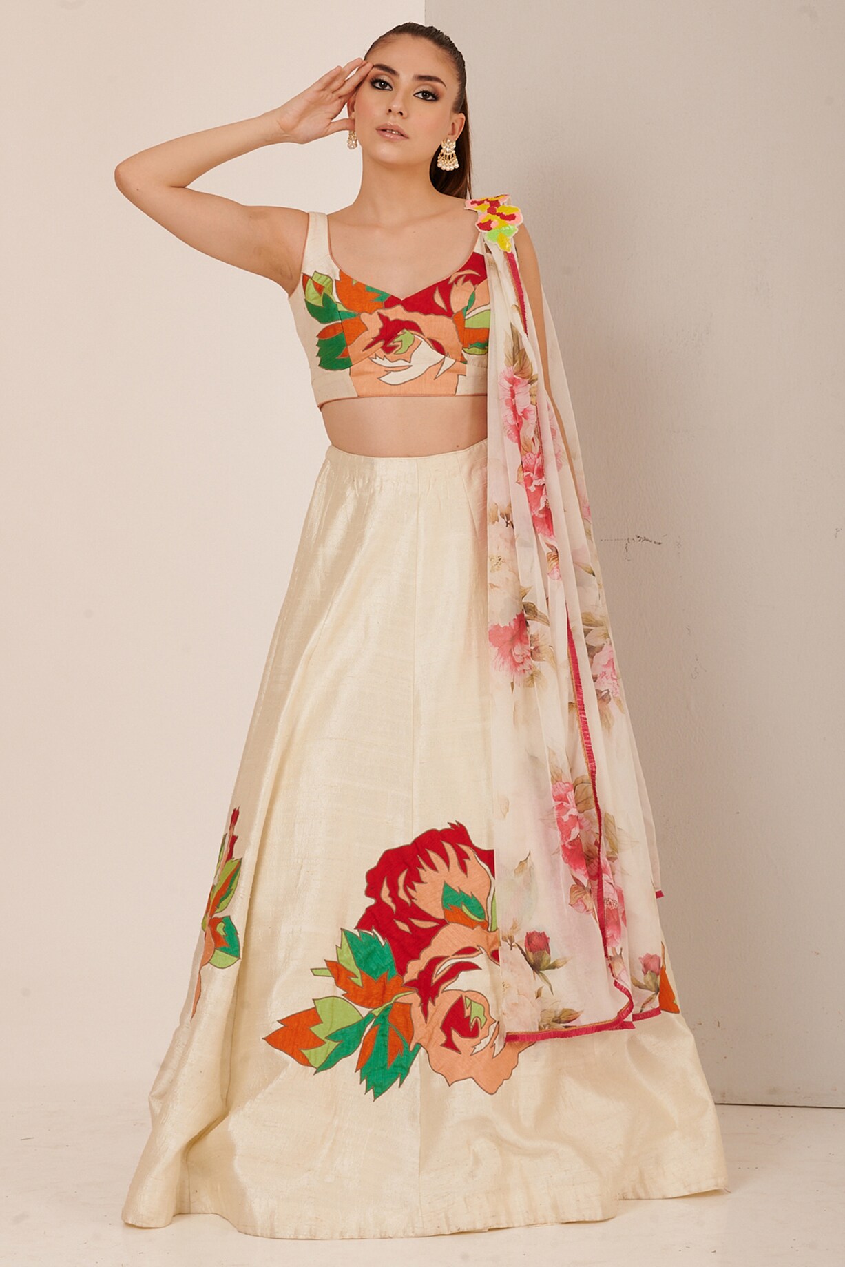 Pearl White Raw Silk Floral Patchwork Wedding Lehenga Set by RCKC AURUM ...