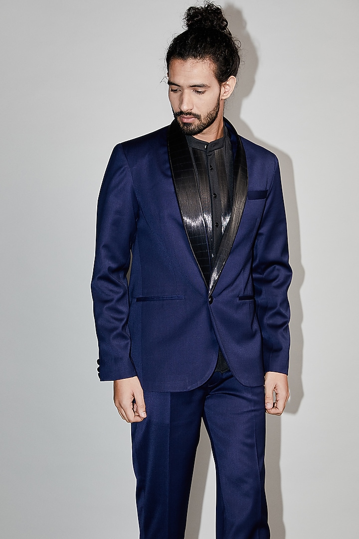 Navy Blue Metallic Cord Tuxedo Set Design by Rimzim Dadu Men at Pernia ...