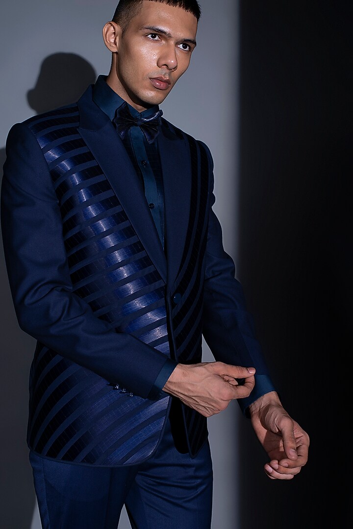 Navy Blue Metallic Cord Tuxedo Set by Rimzim Dadu Men at Pernia's Pop ...