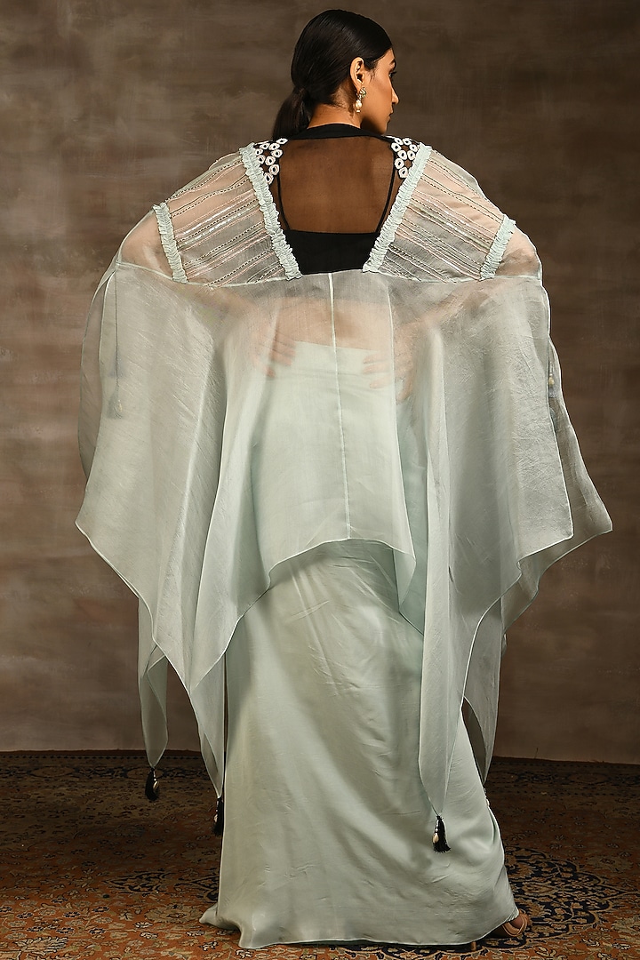 Pale Turquoise Blue Crepe & Organza Draped Cape Set by Radhika & Raghav ...