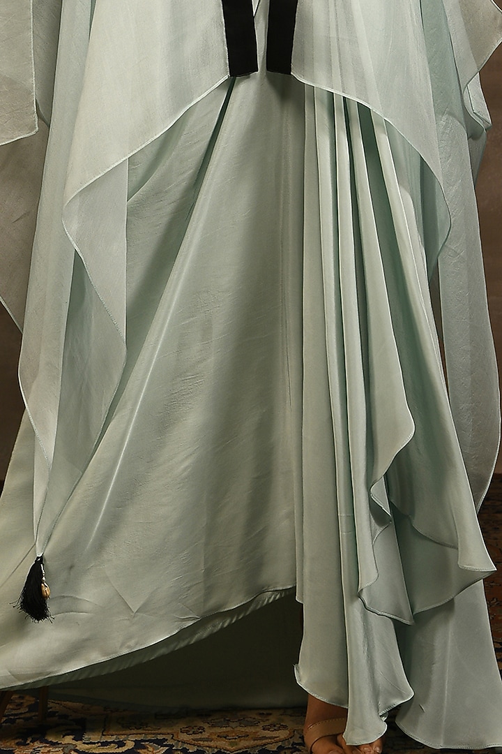 Pale Turquoise Blue Crepe & Organza Draped Cape Set by Radhika & Raghav ...